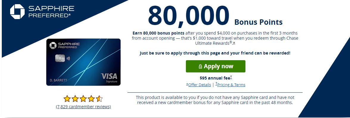 Chase Sapphire Preferred 80,000 Sign Up Bonus
